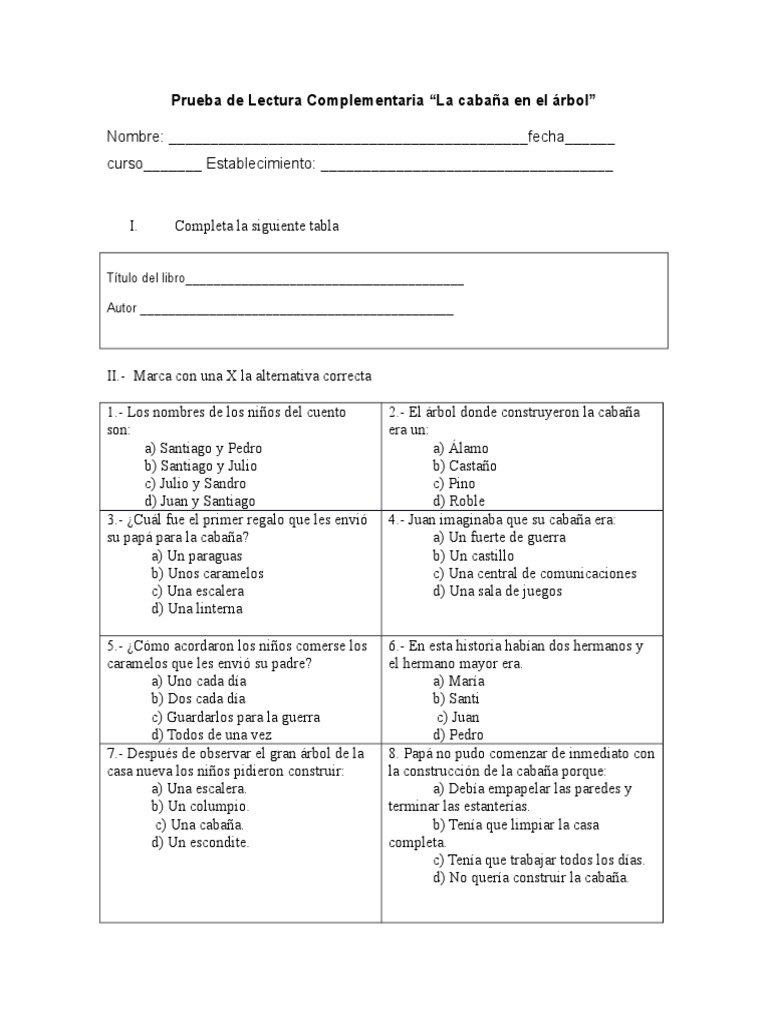 Prueba de Lectura Complementaria La Cabaña en El Árbol | PDF | Violencia | Agitación