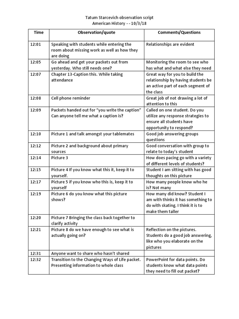 Tatum Starcevich Observation Script | PDF | Behavior Modification | Psychological Concepts