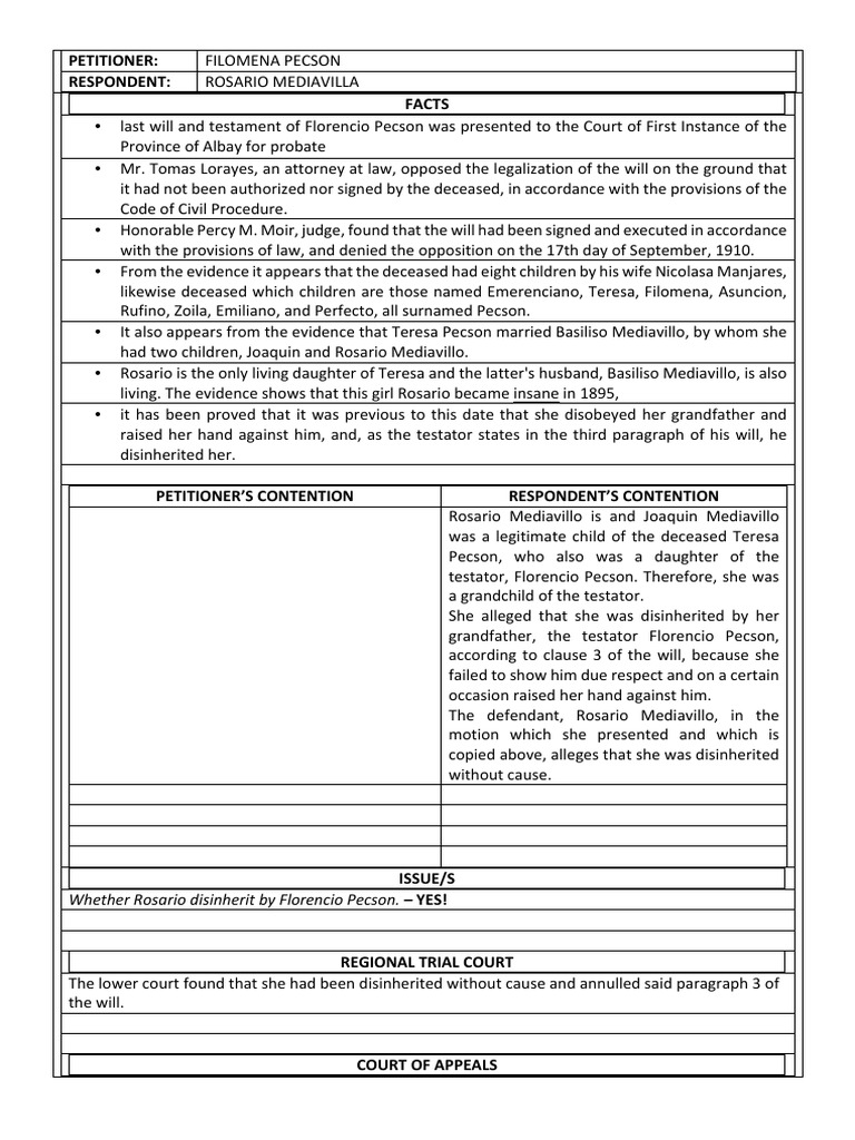 Pecson v. Mediavillo, DIGEST ORIG PDF | PDF | Will And Testament | Courts