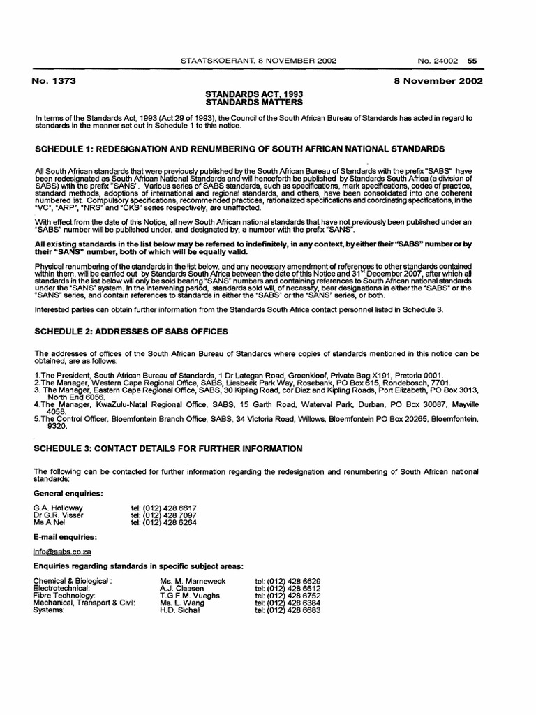 Redesignation and Renumbering of South African National Standards | PDF ...
