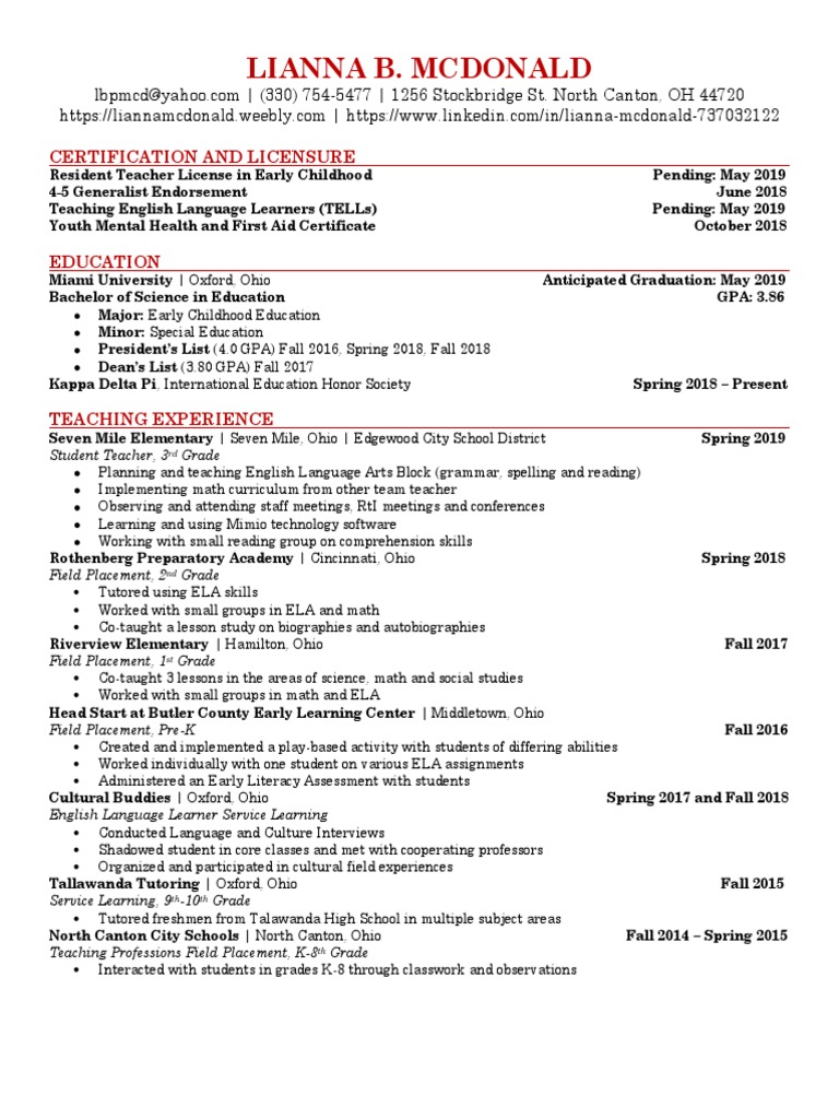 Mcdonald Resume | Download Free PDF | Curriculum | Teachers