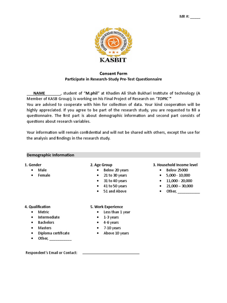 Participate in Research-Study Pre-Test Questionnaire - NAME - , Student ...