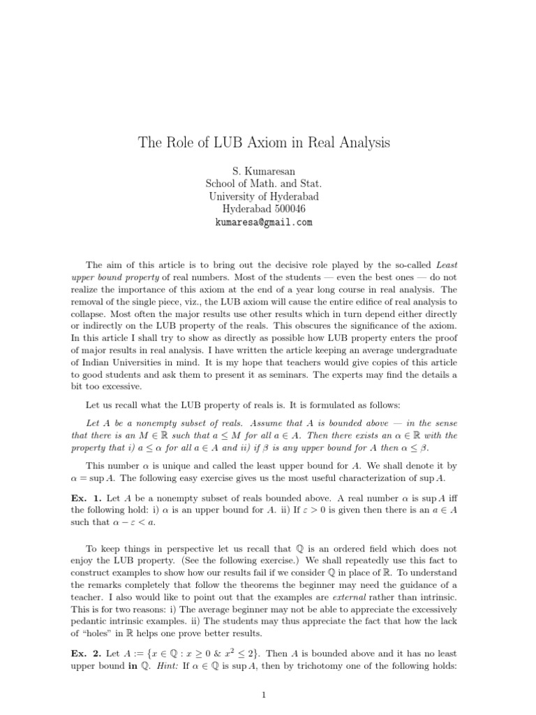 The Role of LUB Axiom in Real Analysis: S. Kumaresan School of Math. and Stat. University of ...