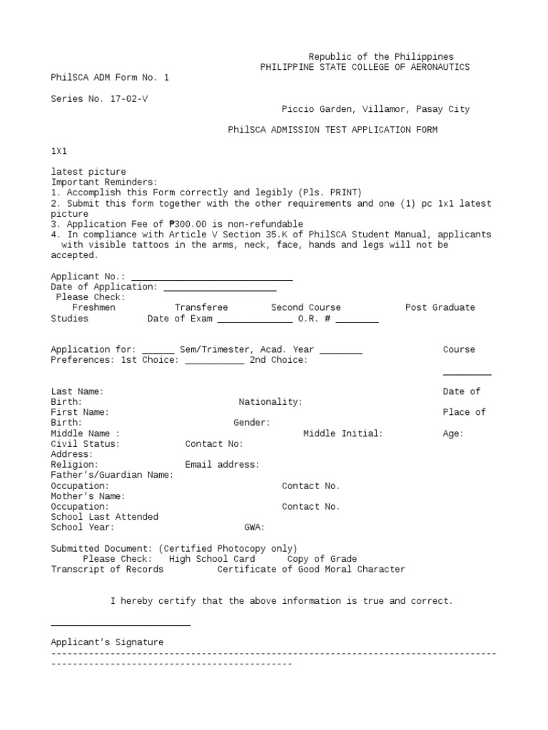 PhilSCA Admission Test Application Form | PDF | Behavior Modification ...