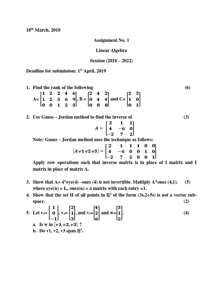 1st Year Linear Algebra Assignment | PDF | Matrix (Mathematics ...