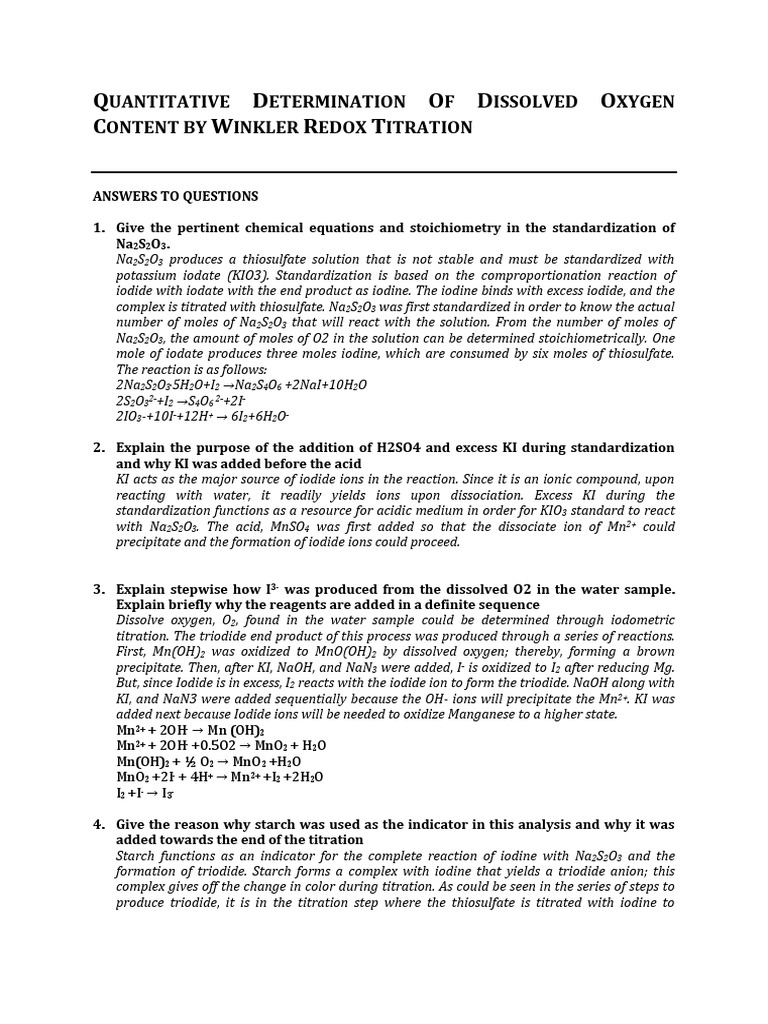 Quantitative Determination of Dissolved Oxygen Content by Winkler Redox ...