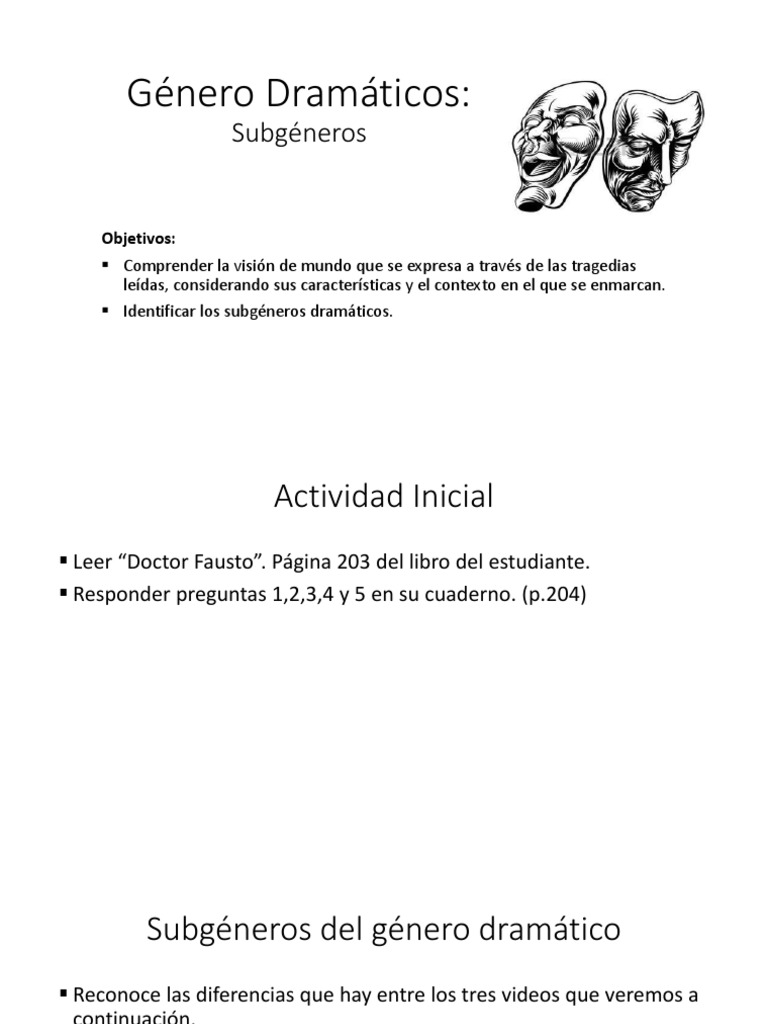 Género Dramático - Subgéneros Del Teatro - Primero Medio | PDF