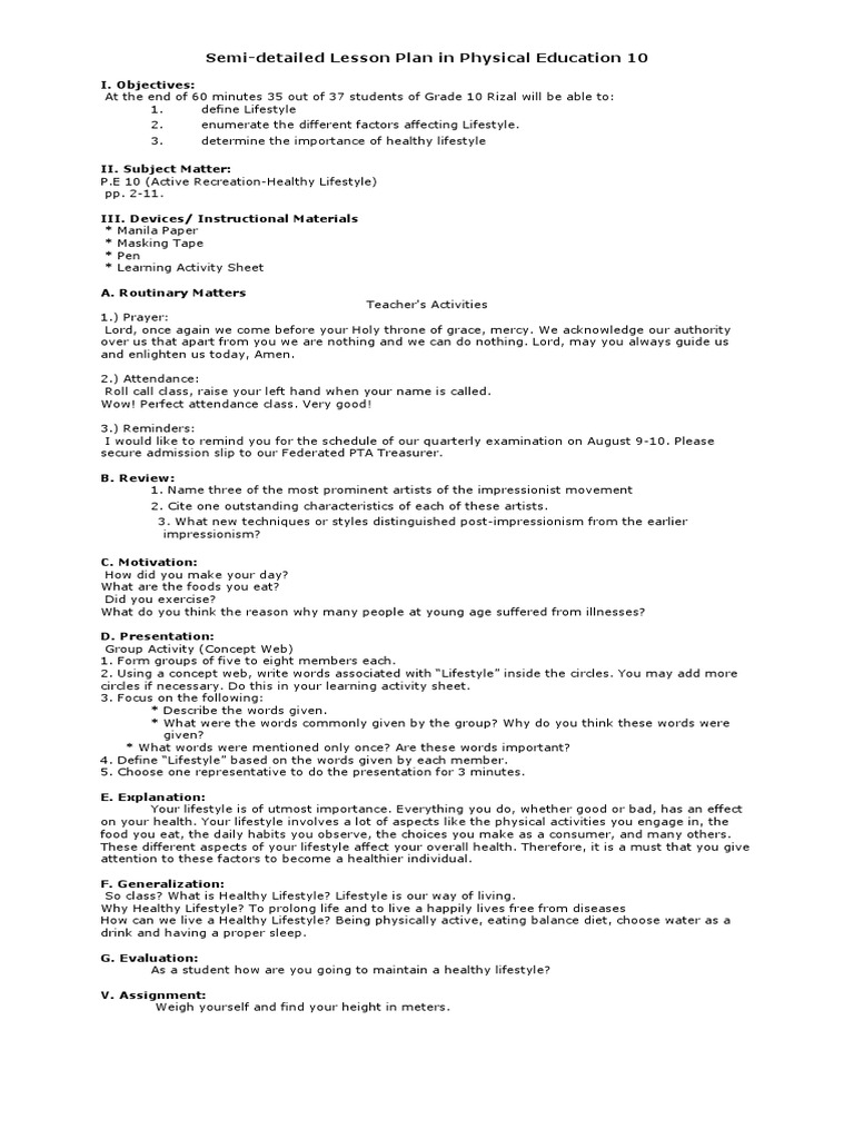Semi-Detailed PE Lesson Plan for Grade 10 | PDF | Actor | Theatre