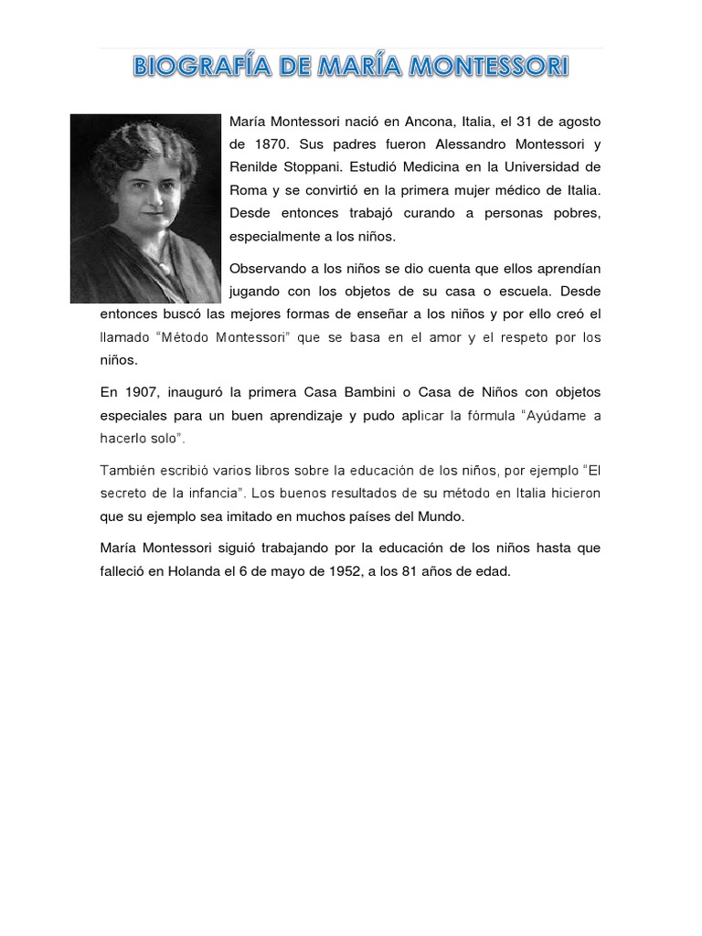 Biografía de María Montessori | PDF | Educación Montessori | Cognición