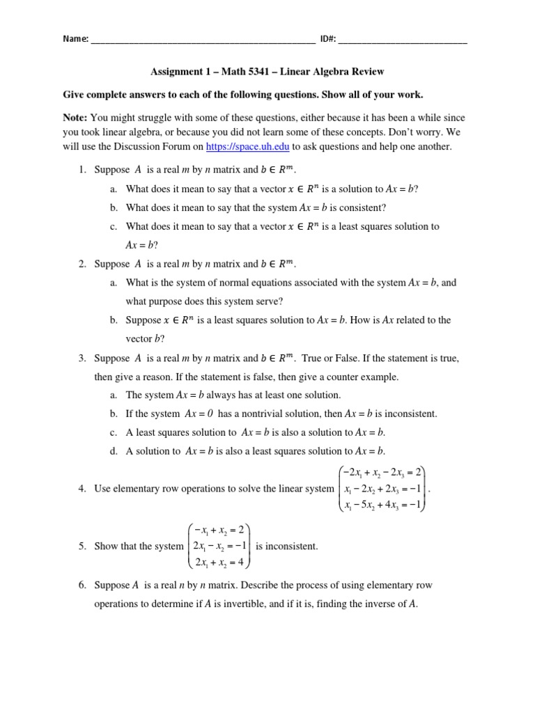 Assignment 1 - Math 5341 - Linear Algebra Review Give Complete Answers To Each of The Following ...