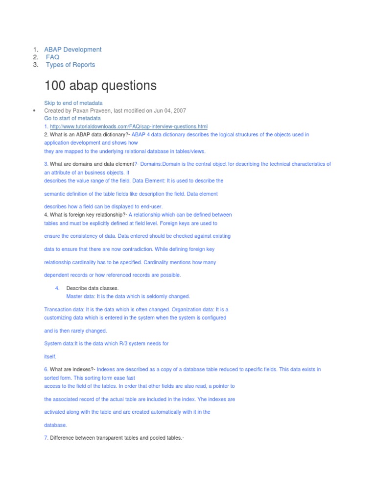 100 Abap Questions Abap Development Faq Types Of Reports Pdf Database Transaction Databases