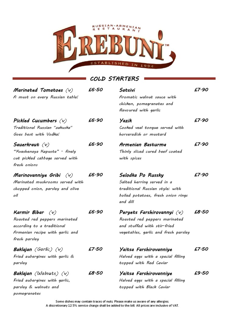 Erebuni Restaurant Food Menu | PDF | Kebab | Dill