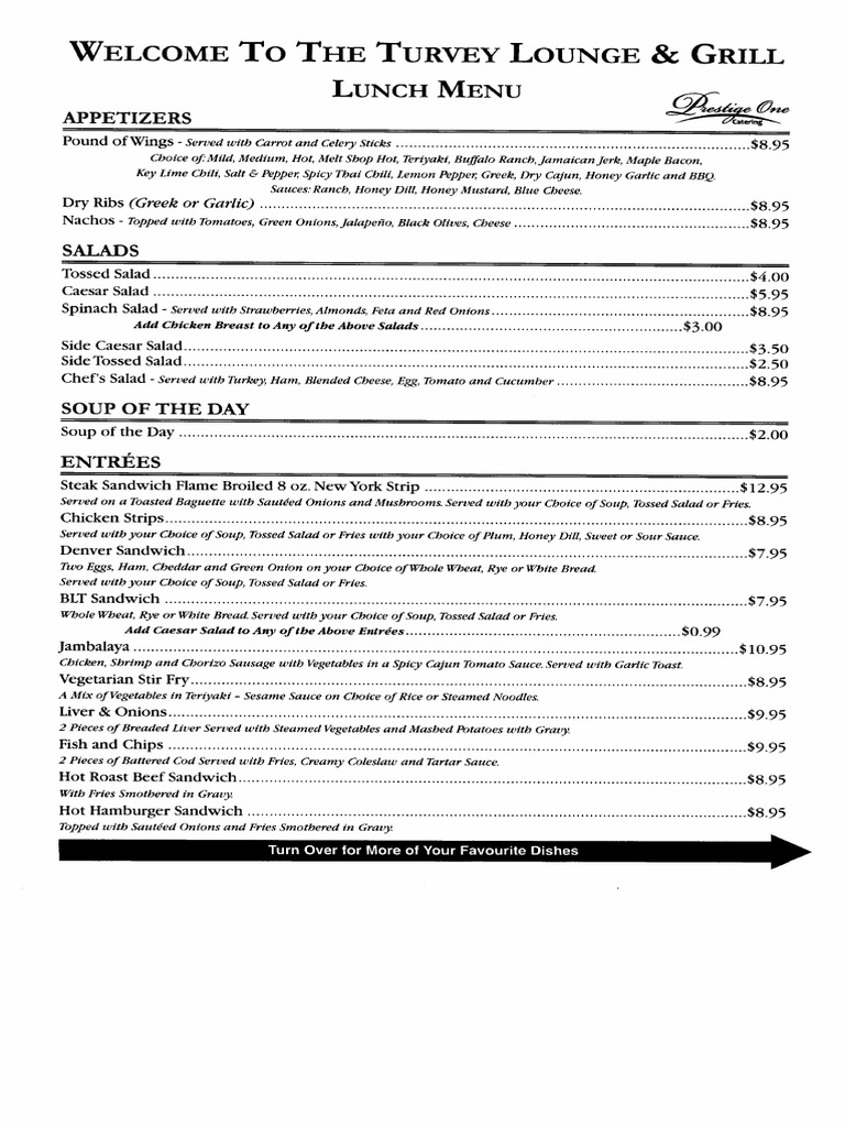 Welcome To The Turvey Lounge & Grill: Lunch Menu | PDF | Hamburgers ...