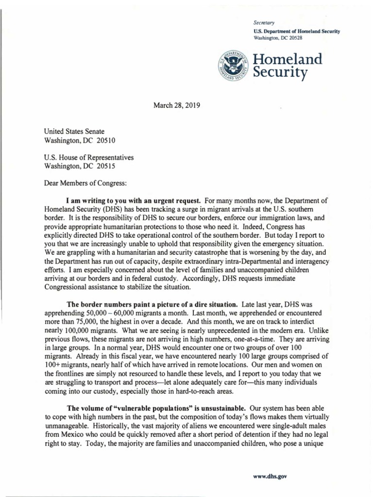Secretary Nielsen Letter To Members of Congress - Border Emergency ...