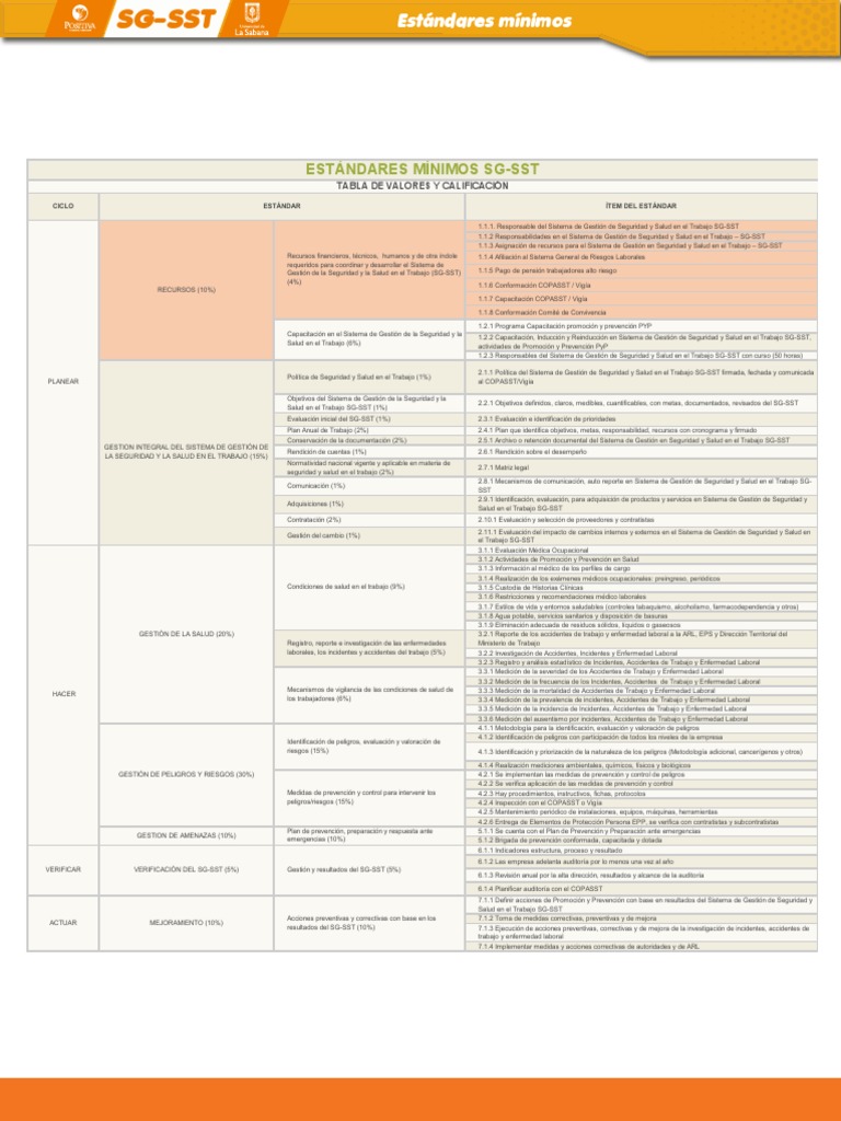 Estándares Mínimos Sg-Sst: Tabla De Valores Y Calificación | Medición | Bienestar