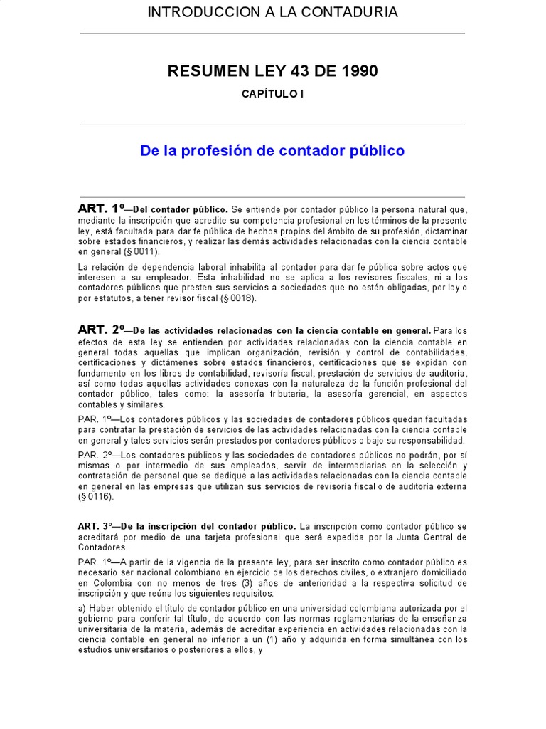 Resumen Ley 43 de 1990 | PDF | Contador | Teneduría de libros