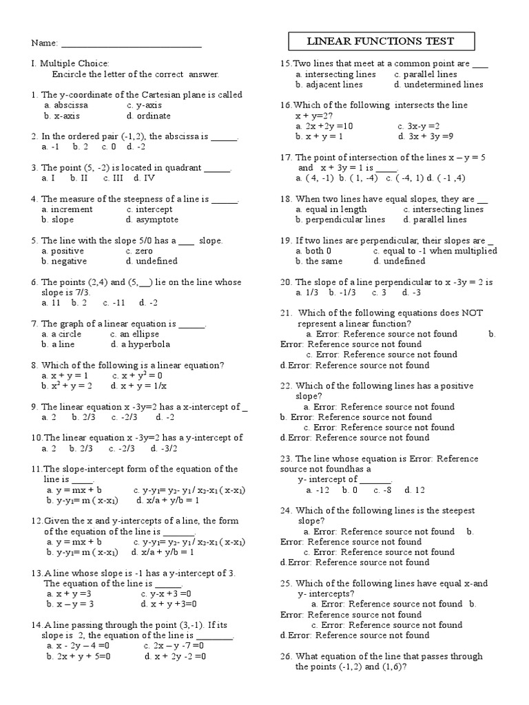 Linear Functions Test | PDF | Cartesian Coordinate System | Algebra