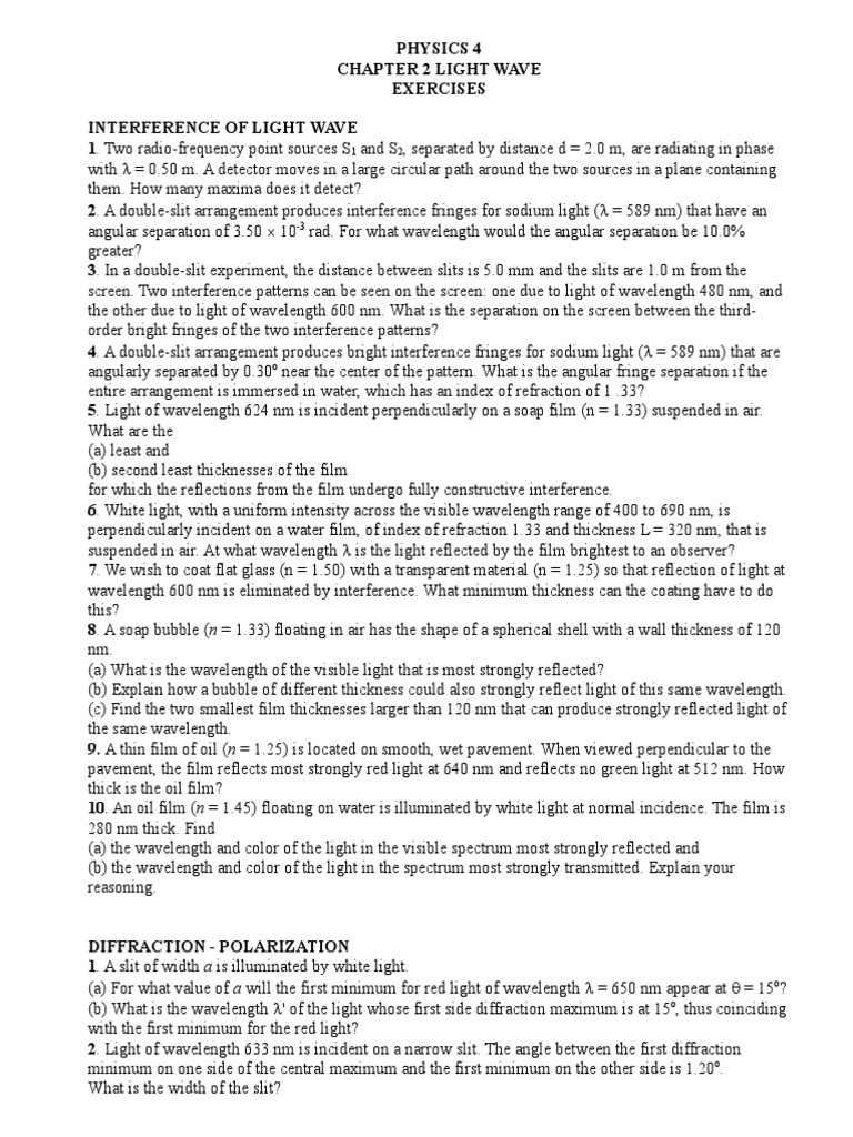 Light Wave Interference Exercises | PDF | Diffraction | Wavelength