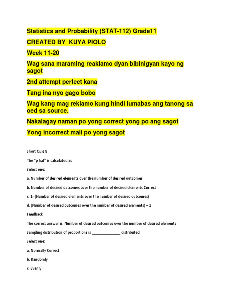 Statistics and Probability STAT 112 Grade11 Week 11 20leb | PDF ...