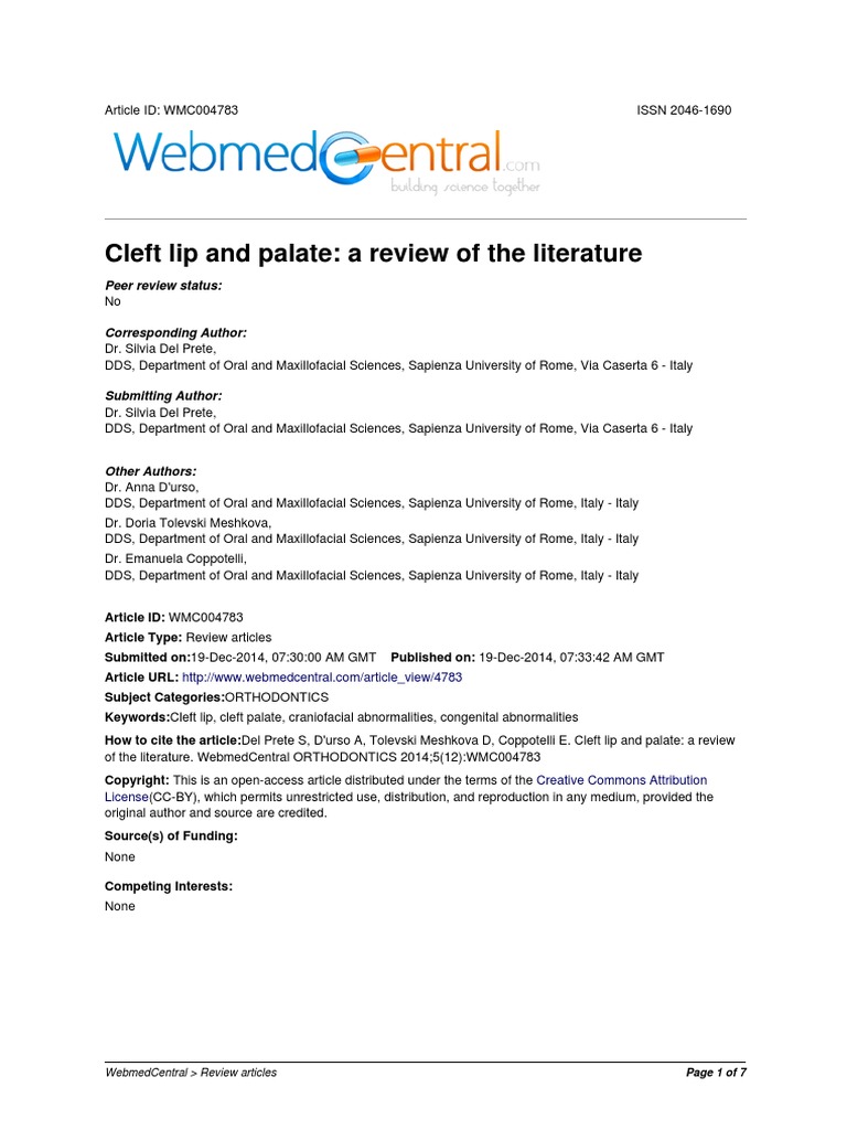 Cleft Lip and Palate: A Review of The Literature | PDF | Orthodontics | Clinical Medicine