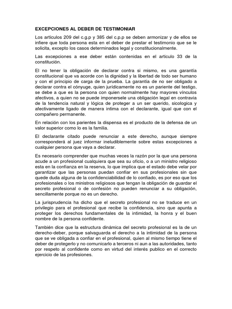 Excepciones Al Deber de Testimoniar | PDF | Confidencialidad | Justicia