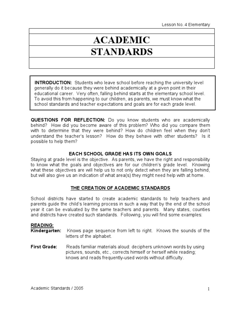 Academic Standards: Lesson No. 4 Elementary | PDF | Homework ...