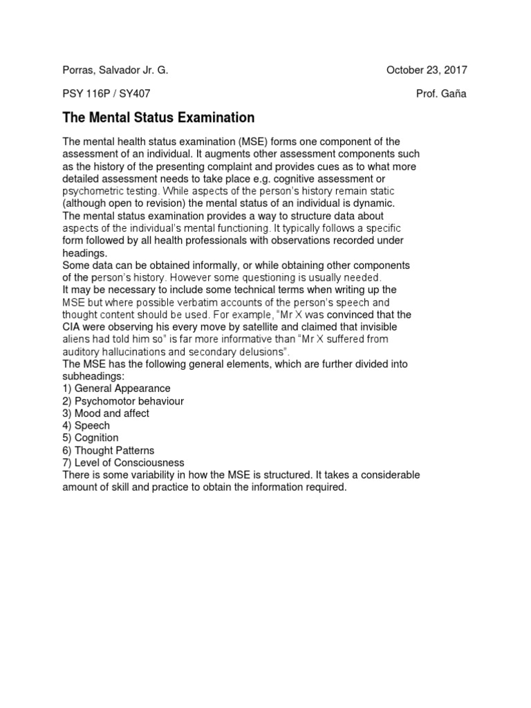 The Mental Status Examination | PDF | Neuropsychology | Psychopathology