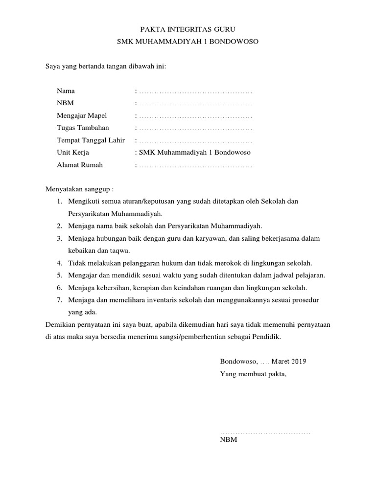 Pakta Integritas Guru SMKM 2019 | PDF