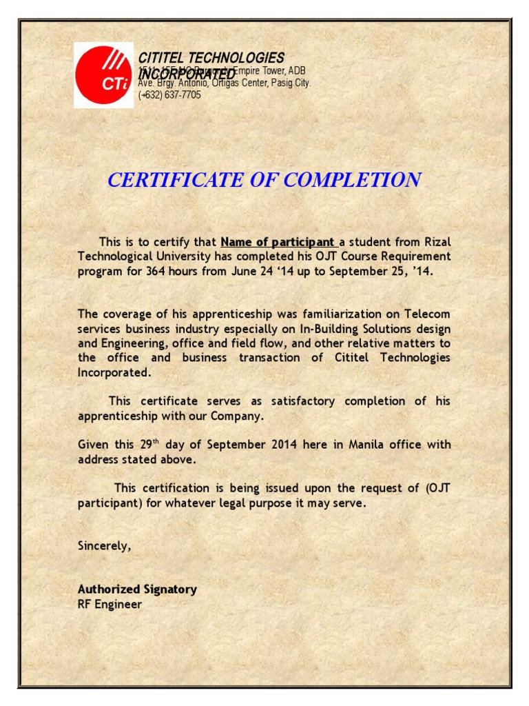 Certificate of Completion For Ojt | PDF | Technology & Engineering