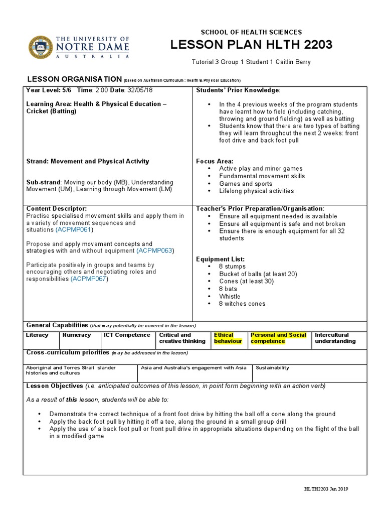 Lesson Plan Cricket Batting | PDF | Bowling (Cricket) | Teachers