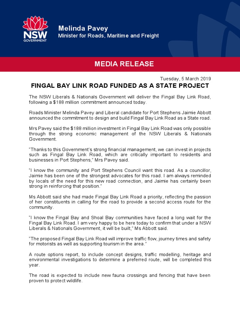 Melinda Pavey Med Rel - Fingal Bay Link Road Funded As A State Project ...