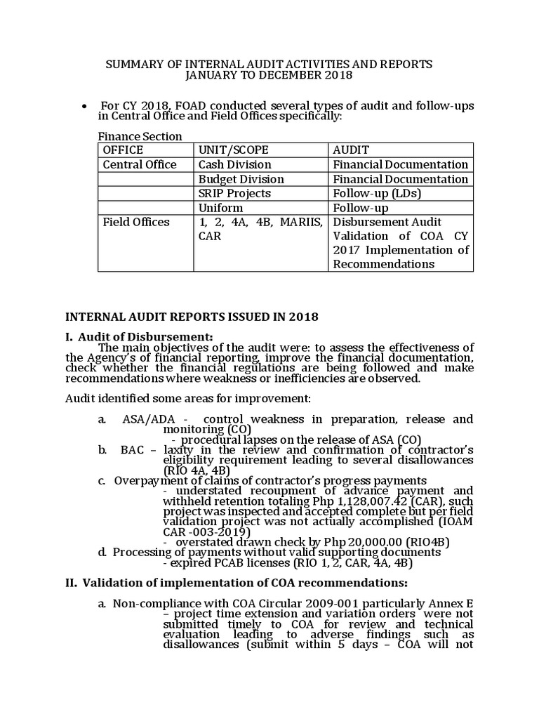 Summary of Internal Audit Activities and Reports | Download Free PDF ...