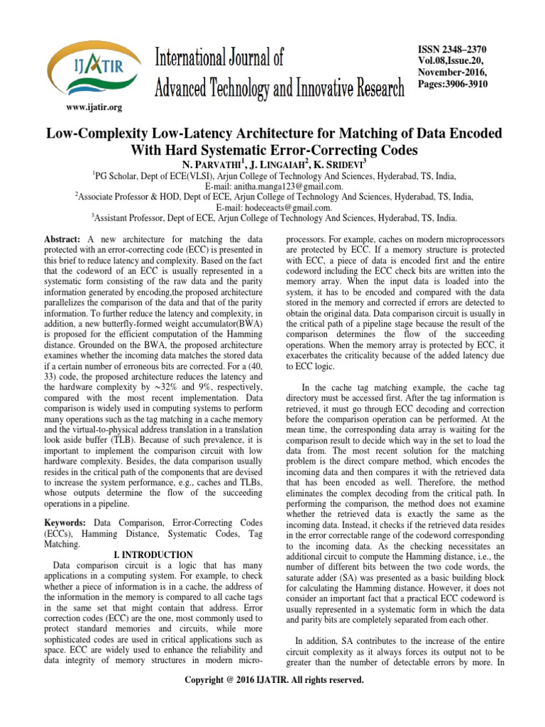 Low-Complexity Low-Latency Architecture For Matching of Data Encoded With Hard Systematic Error ...