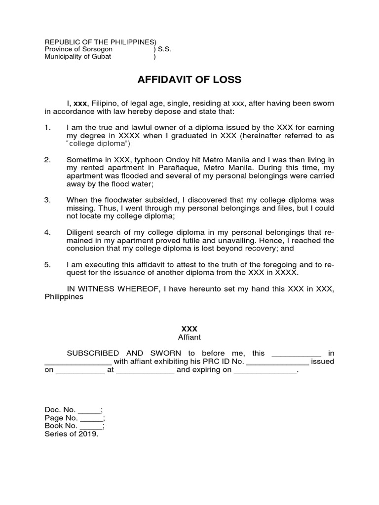 Affidavit of Loss Diploma Sample | PDF