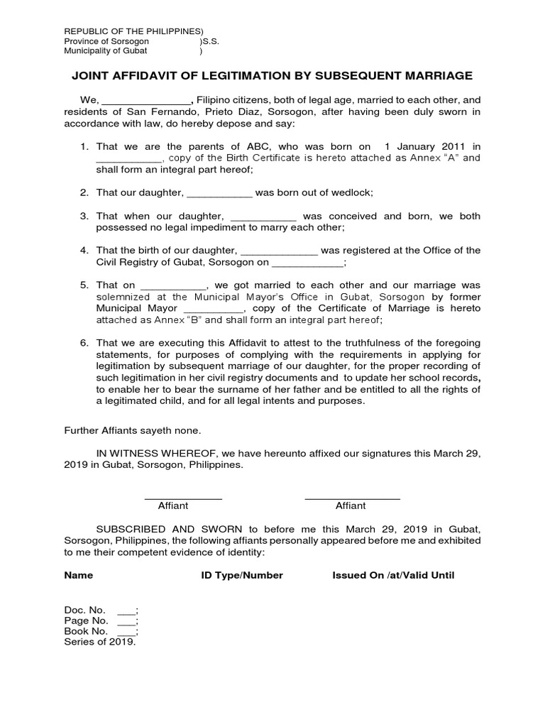Joint Affidavit of Legitimation Sample | PDF
