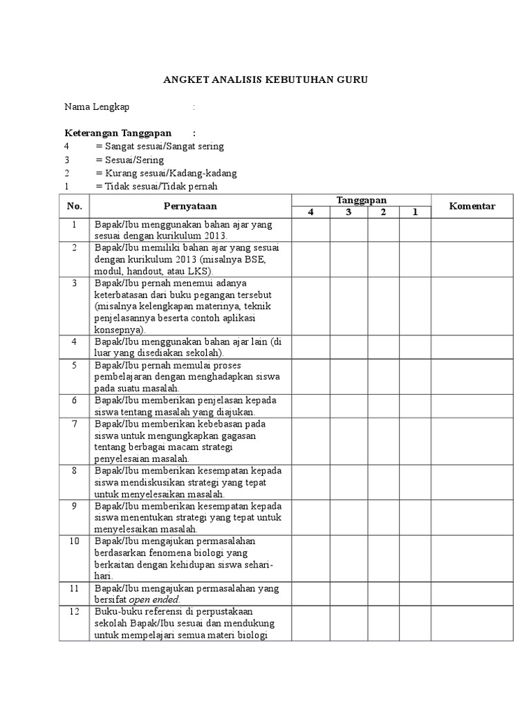 Angket Analisis Kebutuhan Guru Likert | PDF