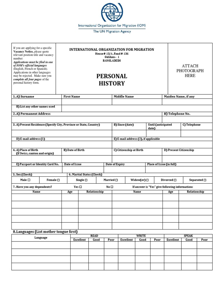 IOM Personal History Form | PDF | Apprenticeship | Employment