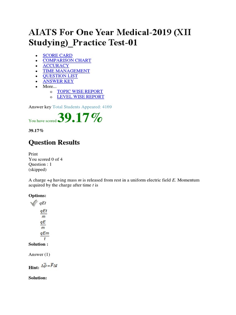 AIATS Practise Paper-01 Analysis | PDF | Electric Current | Catalysis