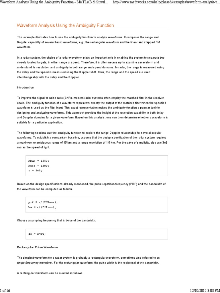 Waveform Analysis Using The Ambiguity Function - MATLAB & Simulink Example | PDF | Radar ...