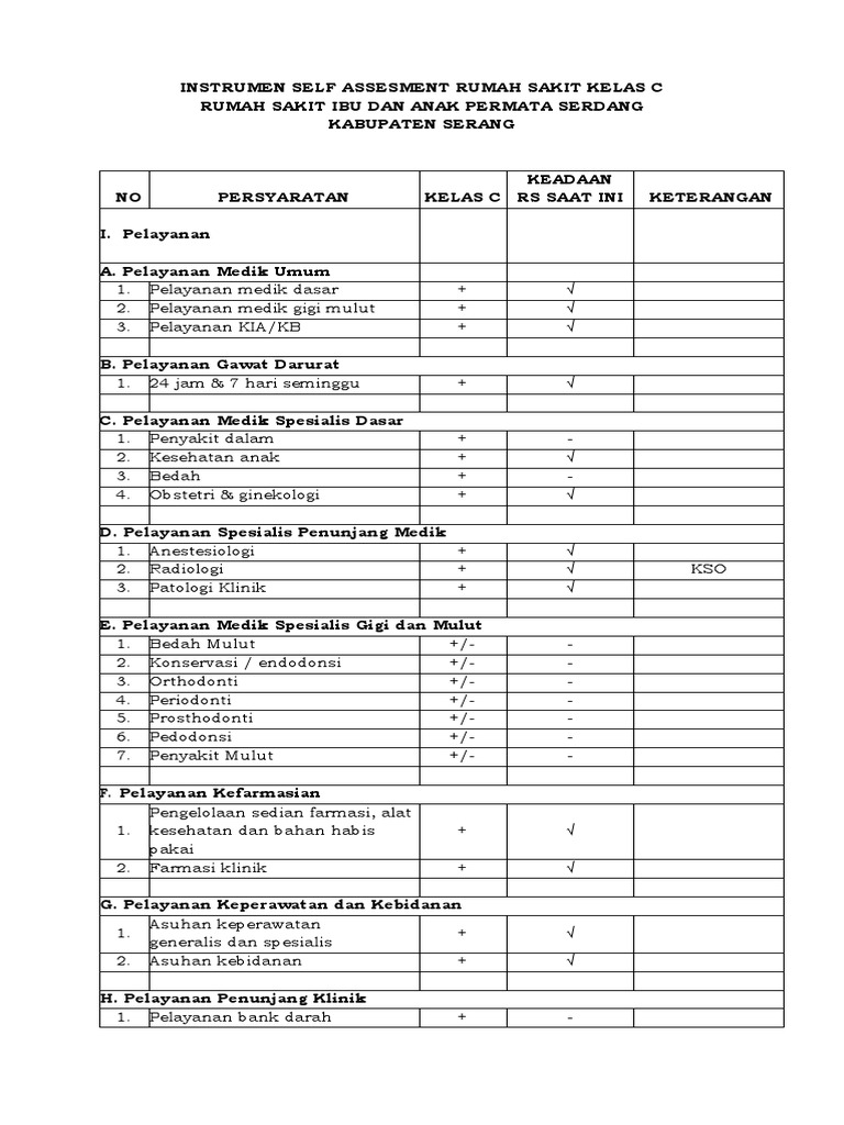 Instrumen Self Assessment Izin Operasional Rumah Sakit Kelas C | PDF
