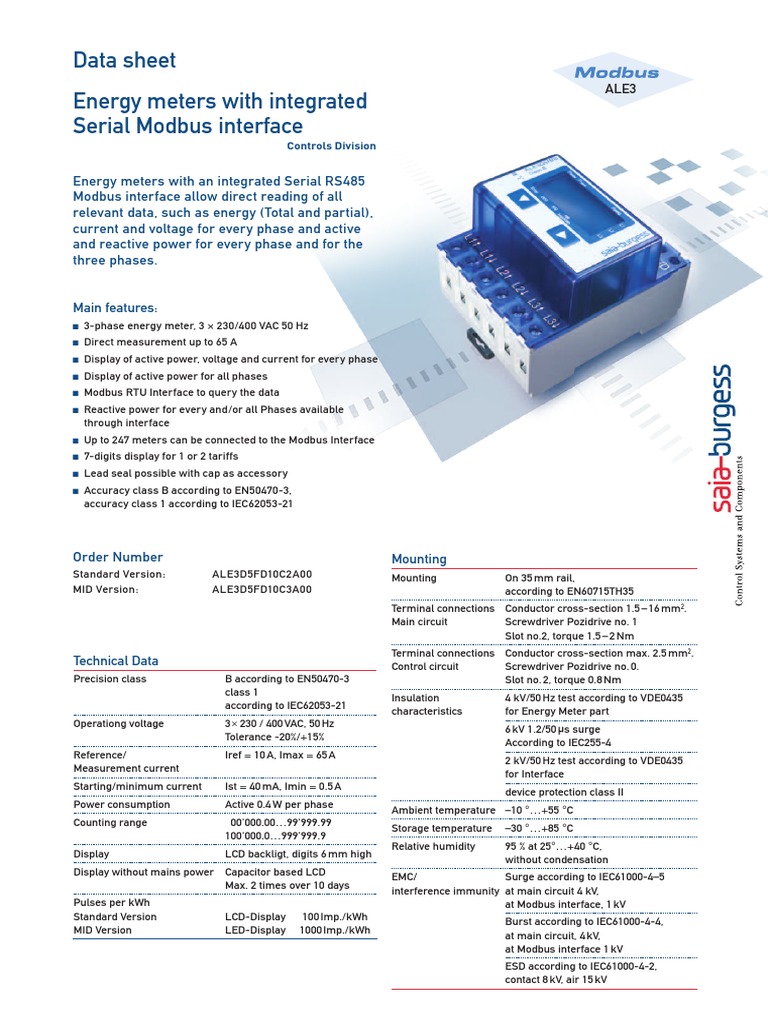 Three-Phase Energy Meter with Integrated Modbus Interface: Data Sheet ...