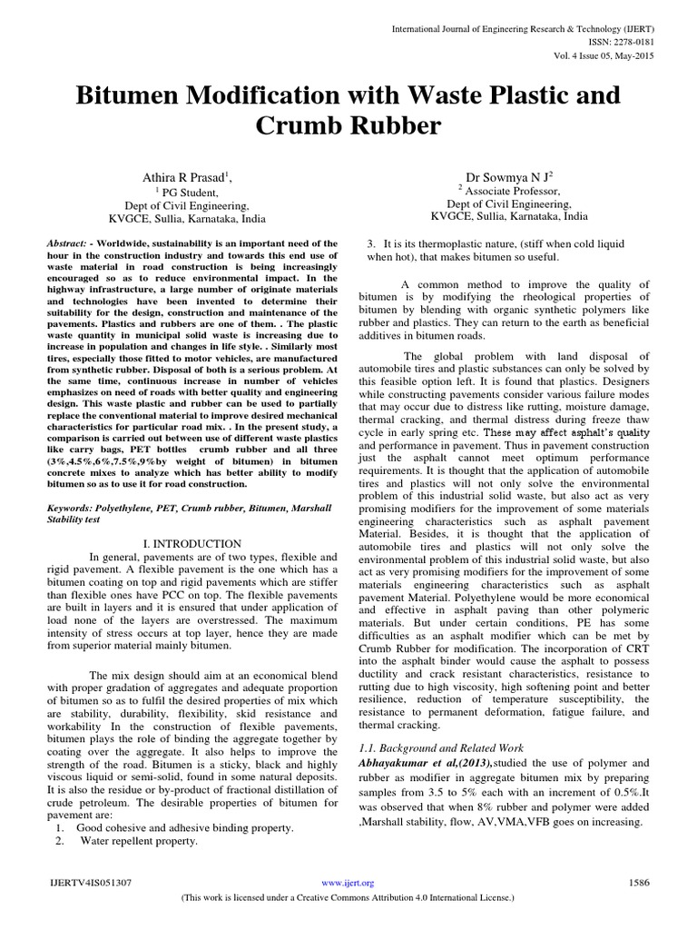 Bitumen Modification With Waste Plastic and Crumb Rubber: Athira R Prasad, DR Sowmya N J | PDF ...