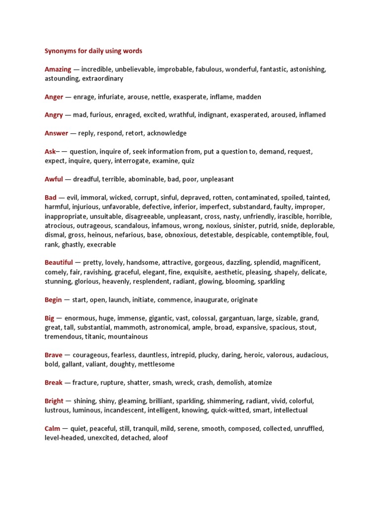 Synonyms For Daily Using Words | PDF