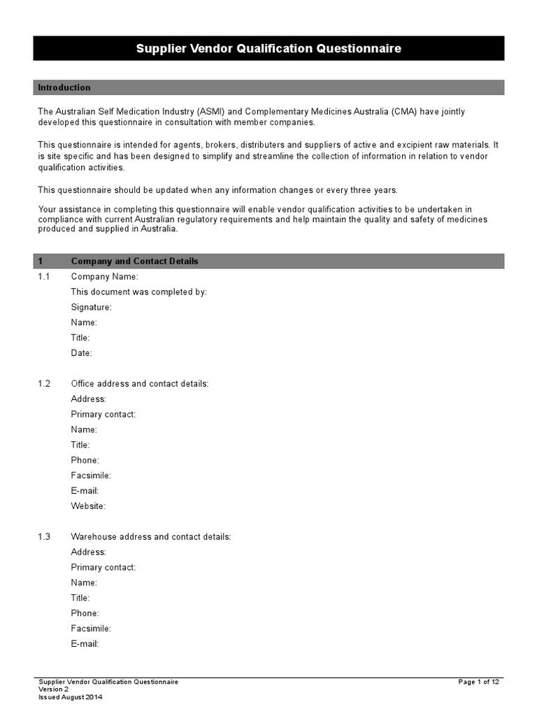 Supplier Vendor Qualification Questionnaire | Warehouse | Pallet