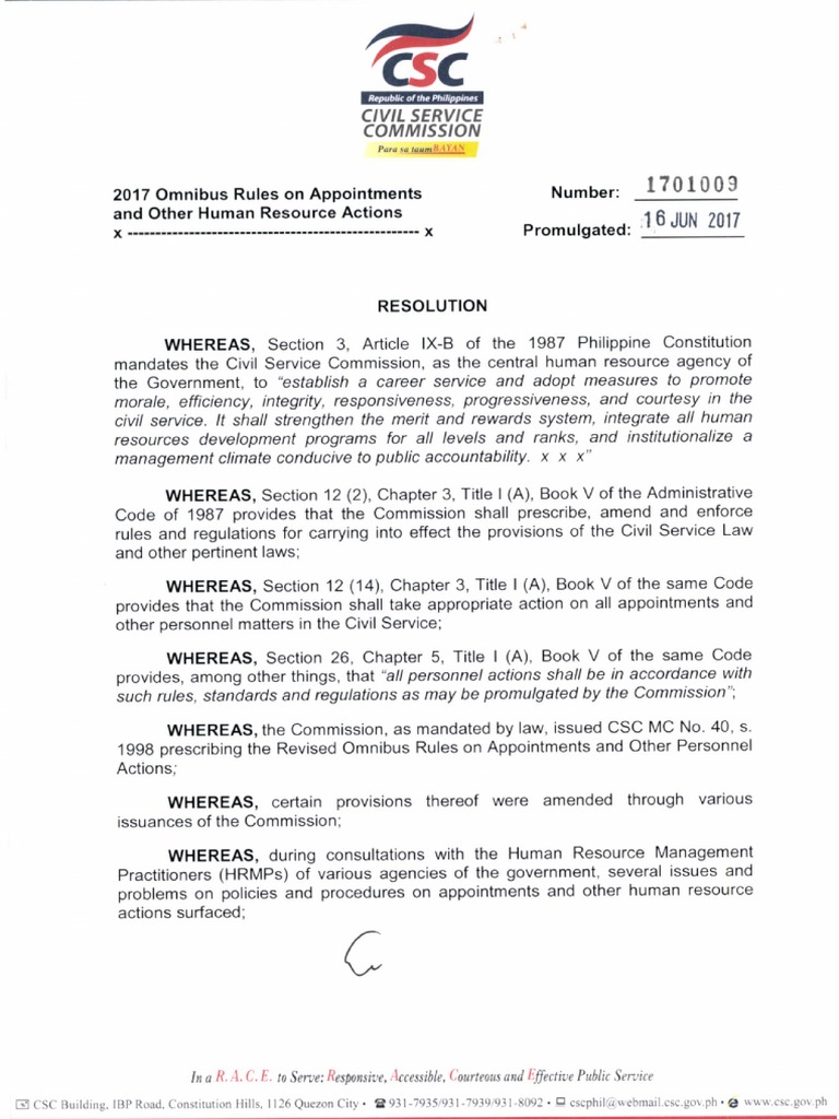CSC Reso. No. 1701009 PDF | PDF