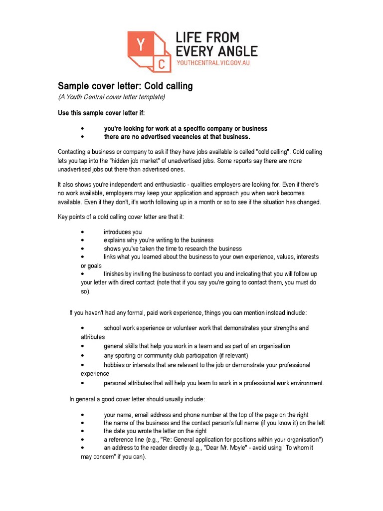 YouthCentral CoverLetter ColdCalling No Paid Work Experience | PDF ...