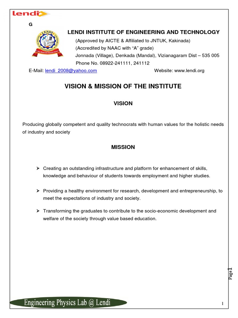 Vision & Mission of The Institute | PDF | Waves | Electrical Resistance ...
