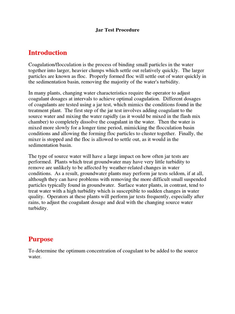Jar Test Procedure | PDF | Chemistry | Physical Sciences