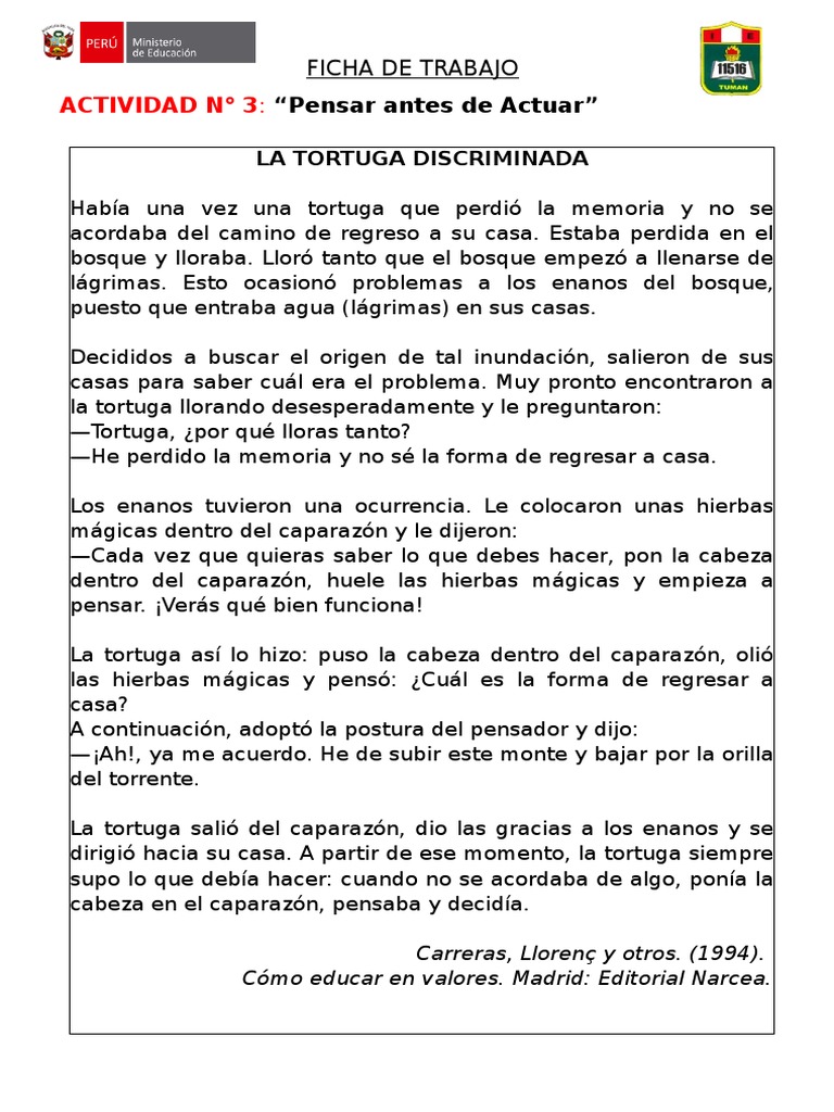 Sesión 3 Ficha De Trabajo Pensar Antes De Actuar Pdf Tortuga Ocio