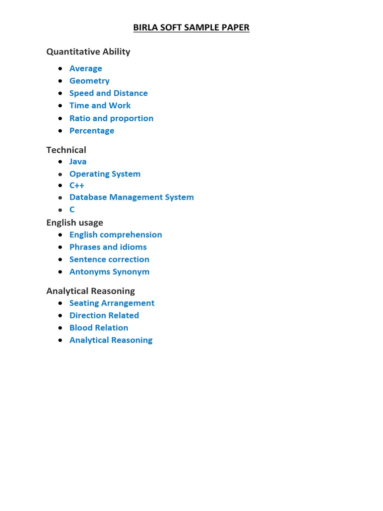 Birla Soft Placement Prep Guide | PDF